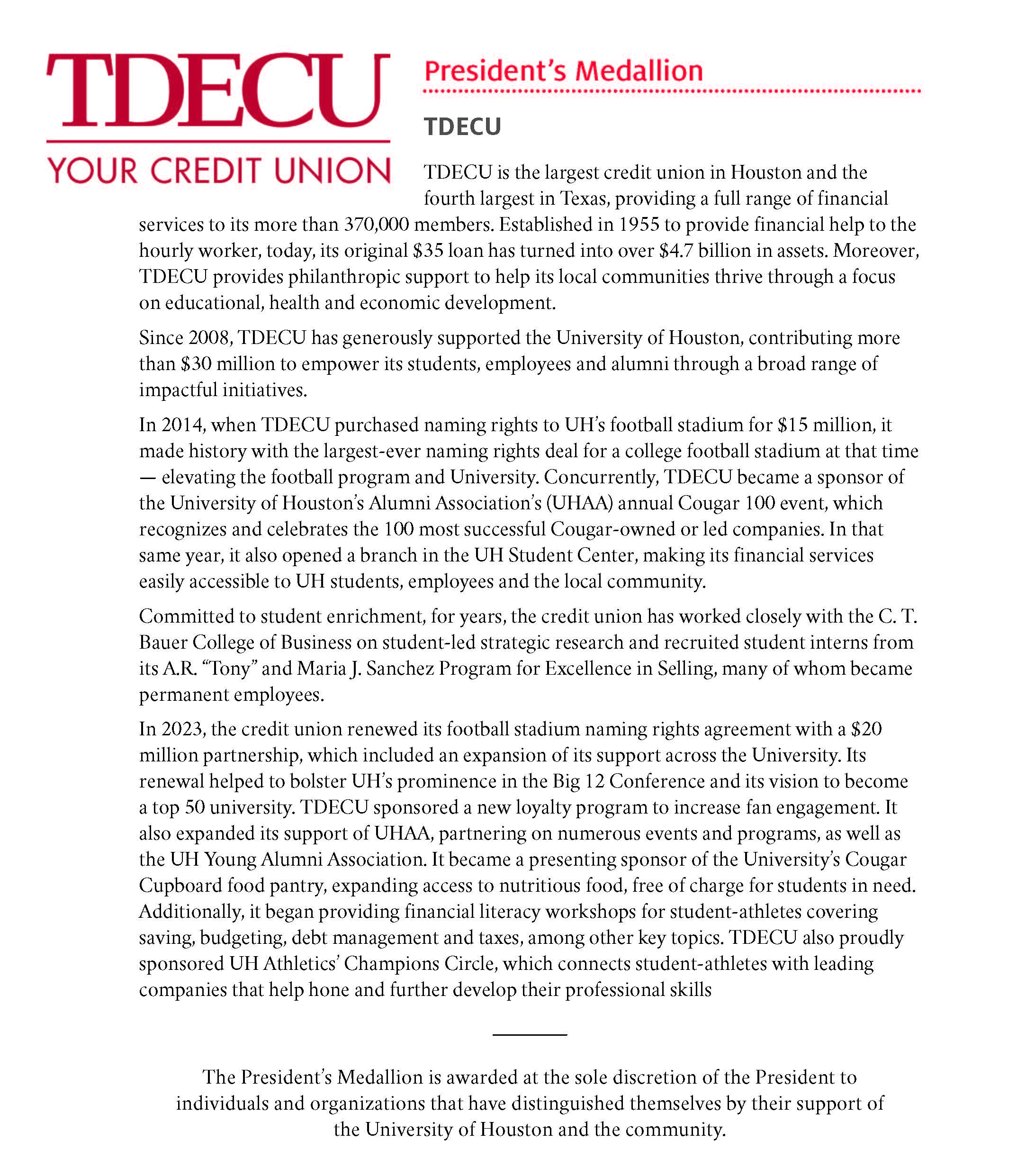 President's Medallion - University of Houston